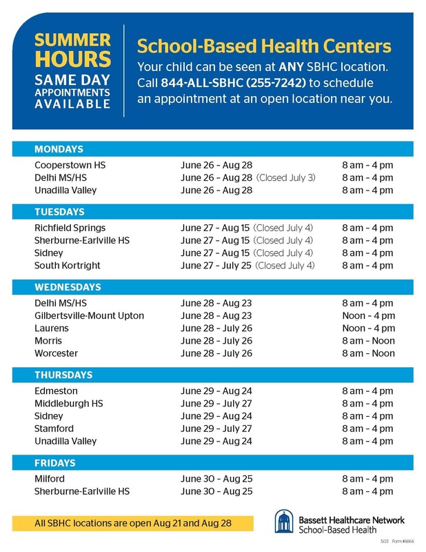 Bassett School Based Health Center Summer Hours Unadilla Valley Bassett School Based Health Center Summer Hours Unadilla Valley